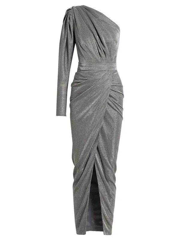 RHEA COSTA One-sleeve Glittered Gown - Silver