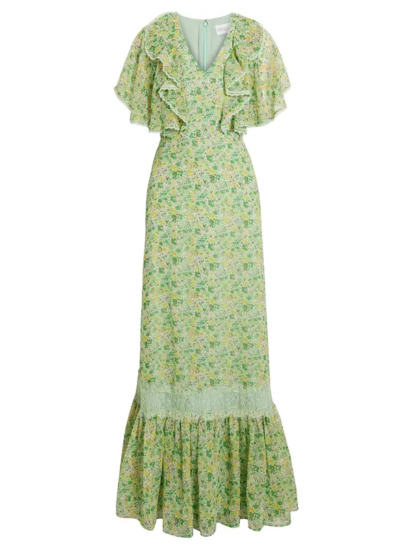 MIKAEL AGHAL Lace-trimmed Floral-print Chiffon Maxi Dress - Light Green