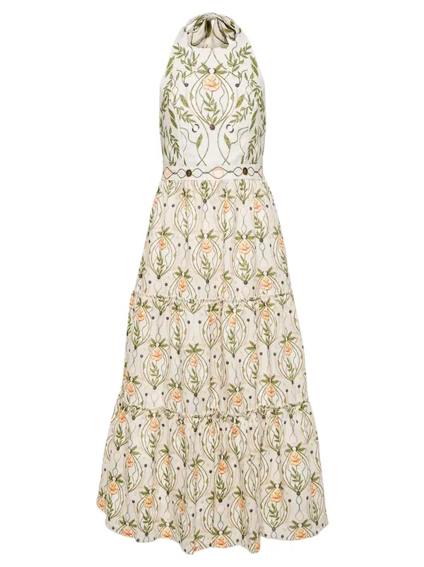Agua Bendita Consuelo Lunar Embroidered Linen Midi Dress - Multicoloured