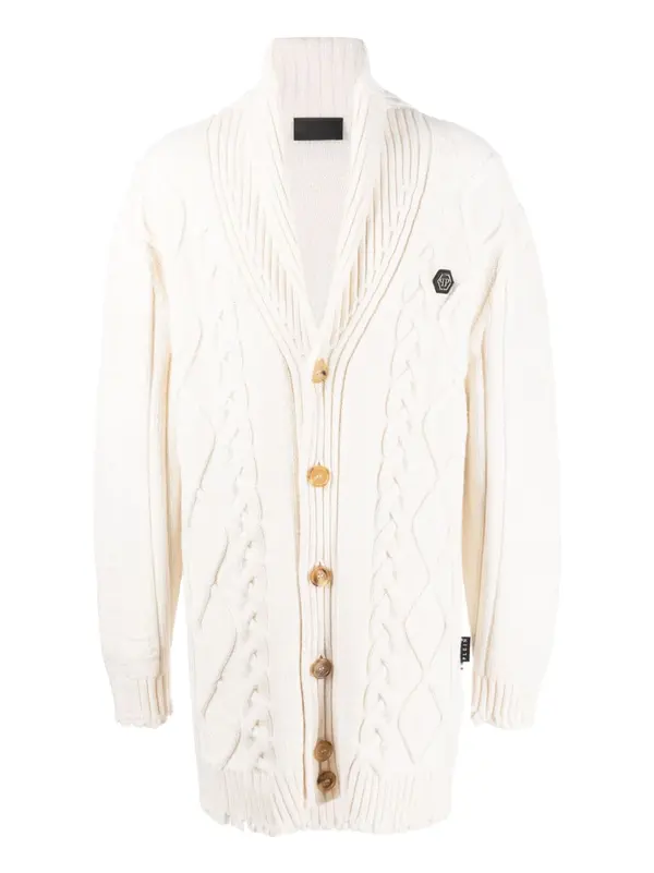 Philipp Plein Cable-knit Distressed-finish Cardigan - White