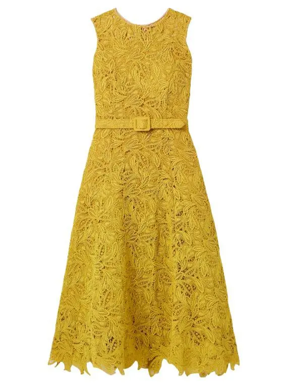 Oscar De La Renta Belted Guipure Lace Midi Dress - Yellow