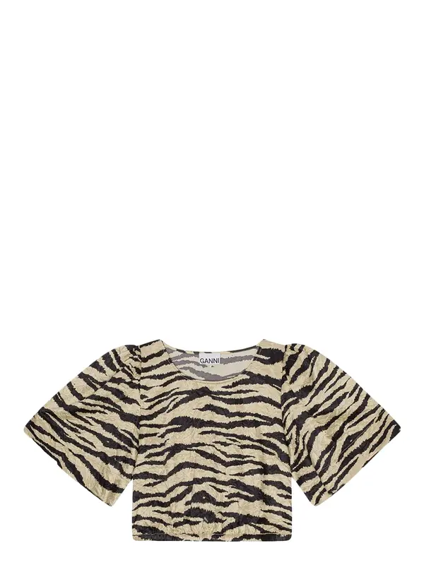 GANNI Zebra-print Crinkled Cropped T-shirt - Neutrals