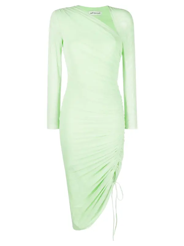 SELF-PORTRAIT Ruched Mesh Midi Dress - Green