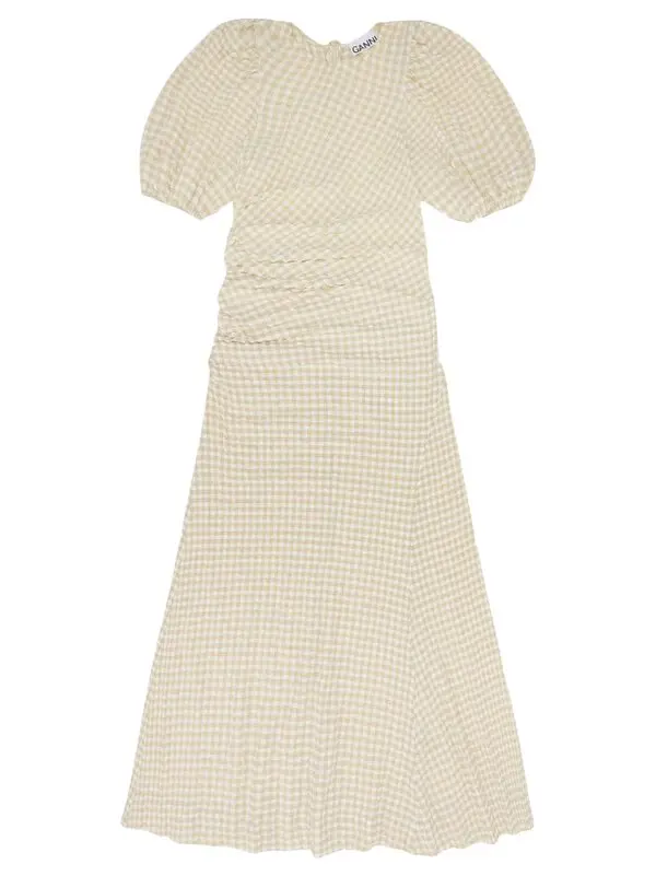 GANNI Gingham-check Puff-sleeve Midi Dress - Neutrals