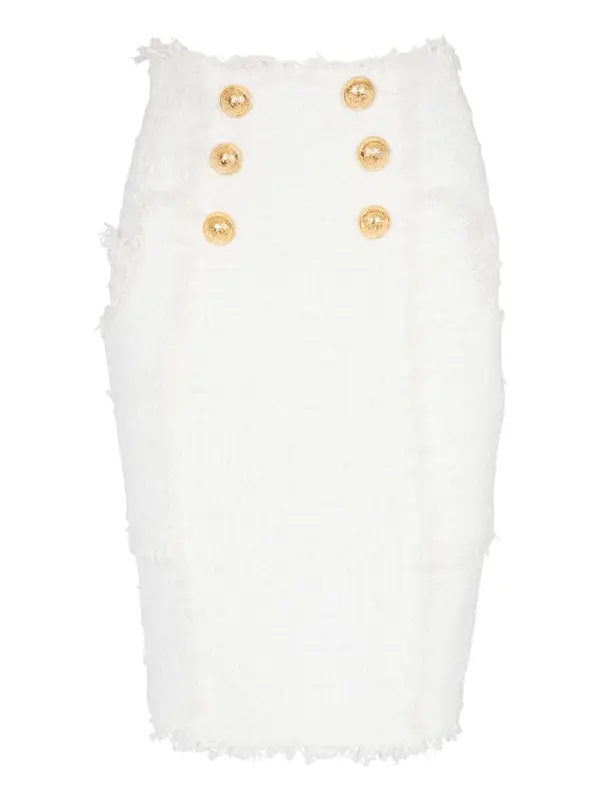 Balmain Tweed Pencil Skirt With Button Detailing - White