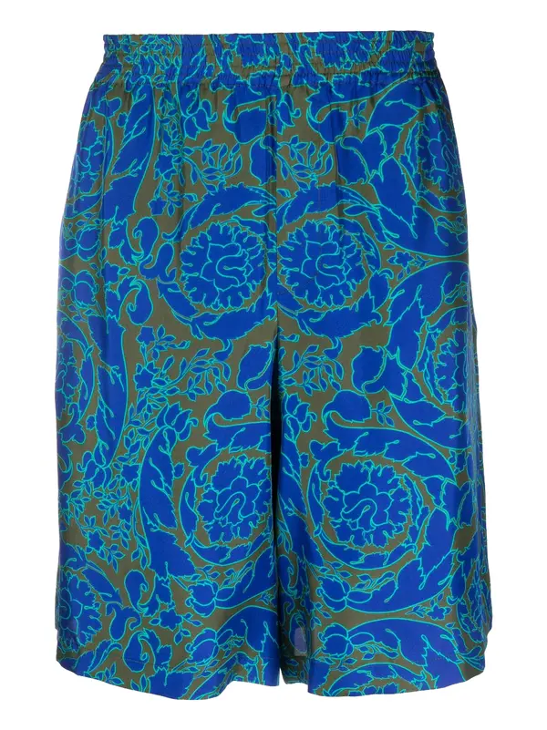 Versace Abstract-print Silk Shorts - Blue