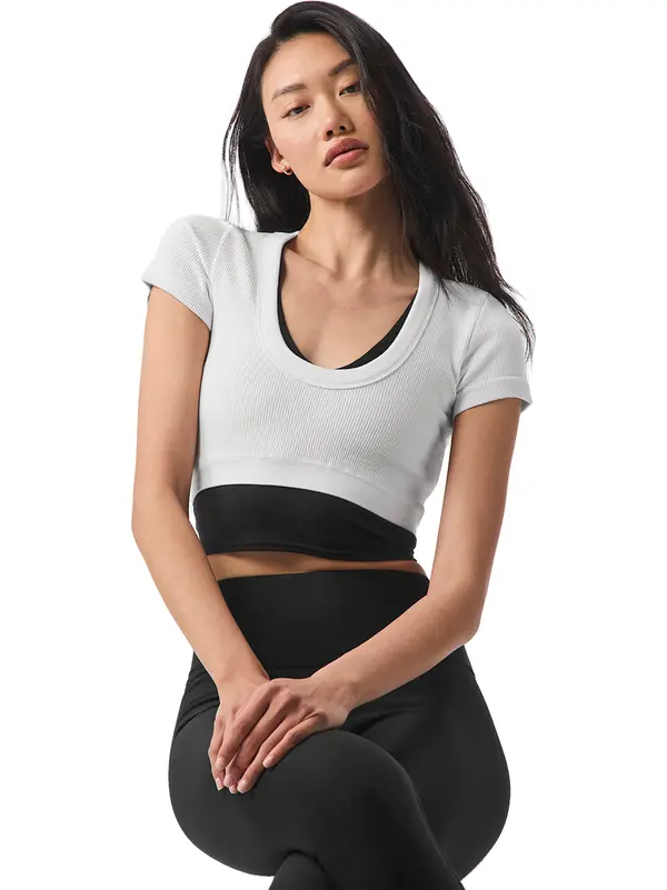 Alo Yoga Seamless Ribbed Cropped Serene Short Sleeve Top - White
