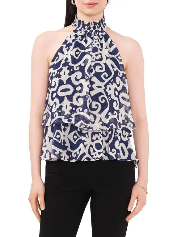 Chaus Medallion Print Halter Neck Blouse - Navy/white