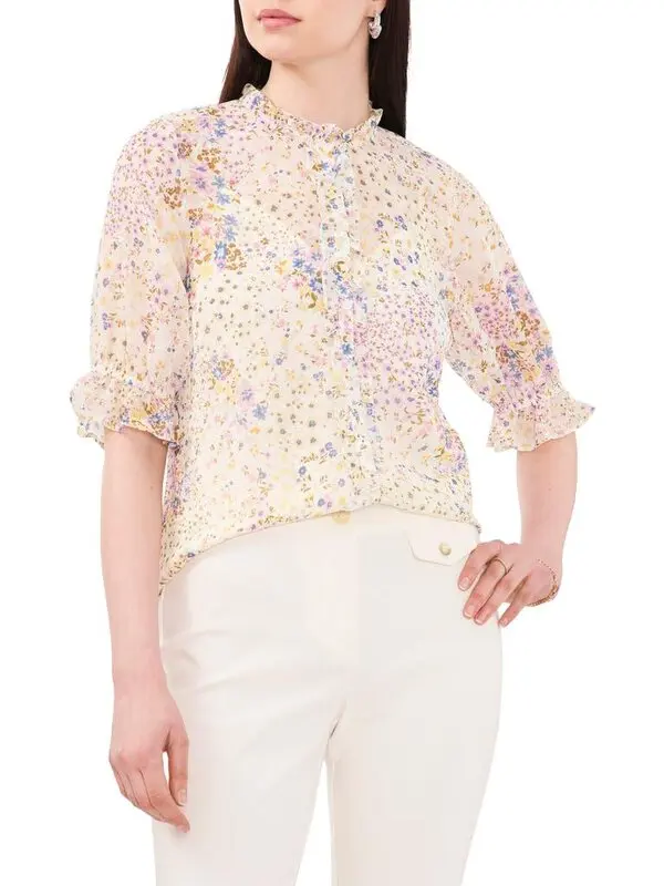 Chaus Floral Ruffle Edge Blouse - Ivory/yellow