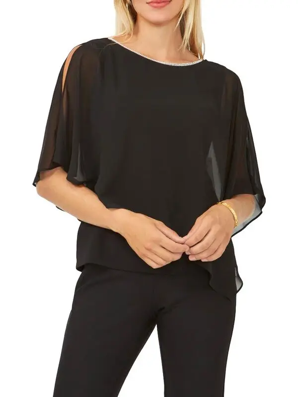 Chaus Rhinestone Trim Overlay Blouse - Black