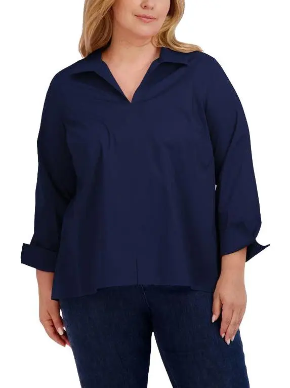 Foxcroft Agnes Non-iron Smocked Cuff Blouse - Navy