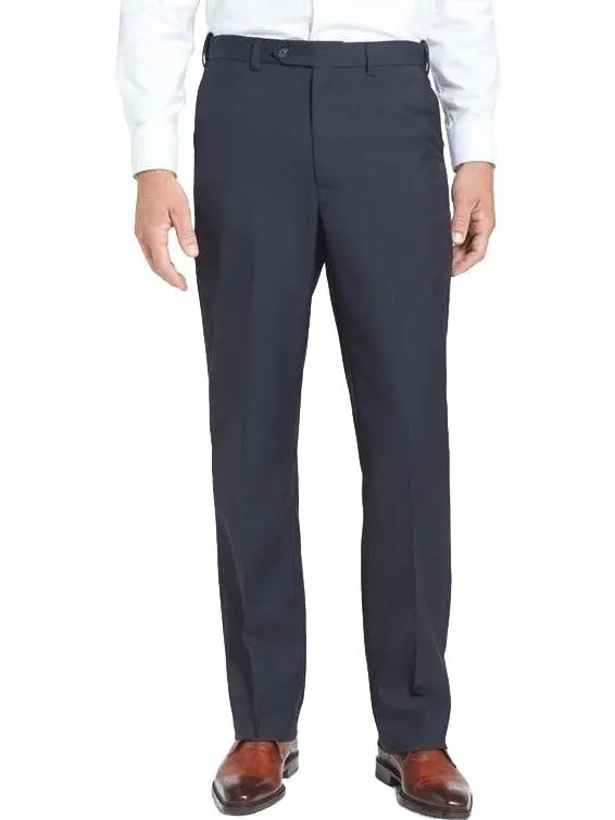Berle Self Sizer Waist Plain Weave Flat Front Trousers - Navy