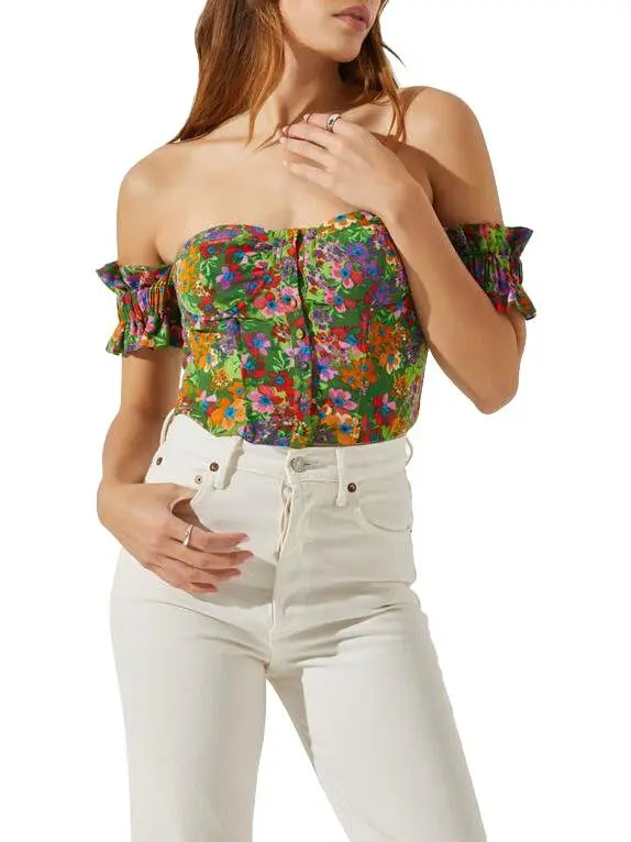 Astr The Label Printed Off-the-shoulder Corset Top - Green Multi Floral