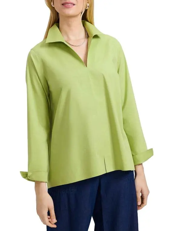 Foxcroft Agnes Split Cuff Popover Blouse - Celery