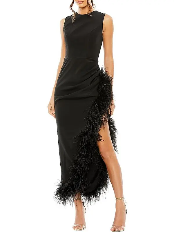 Mac Duggal Feather Trim Asymmetric Dress - Black