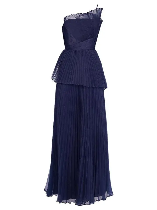 Theia Delphine Pleated One-shoulder Organza Gown - Navy