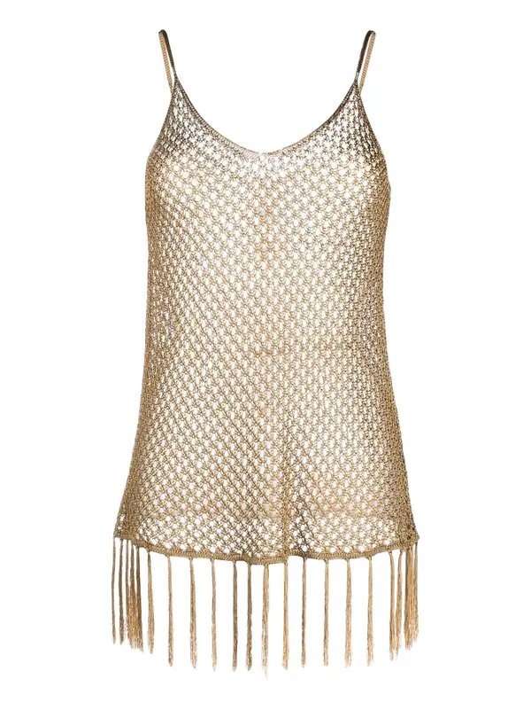 Dodo Bar Or Open-knit Fringed Top - Gold