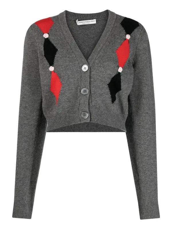 Alessandra Rich Intarsia Knit Cardigan - Grey