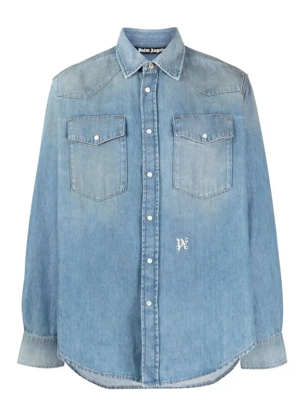 Palm Angels Monogram-embroidered Denim Shirt - Blue