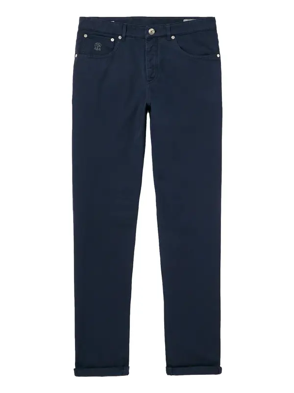 Brunello Cucinelli Straight-leg Logo-embroidered Cotton-gabardine Trousers - Blue