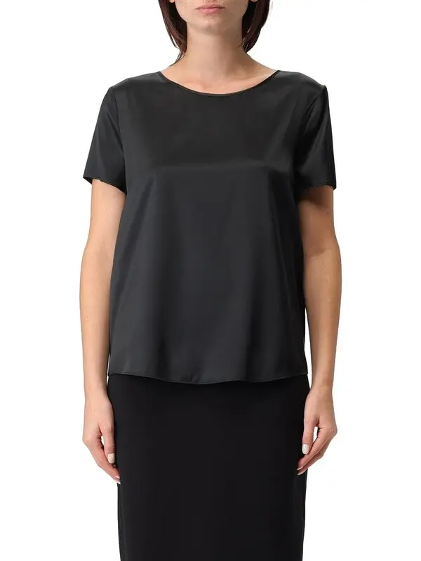 Emporio Armani Silk Satin Blouse With Round Neckline And Short Sleeves - Black