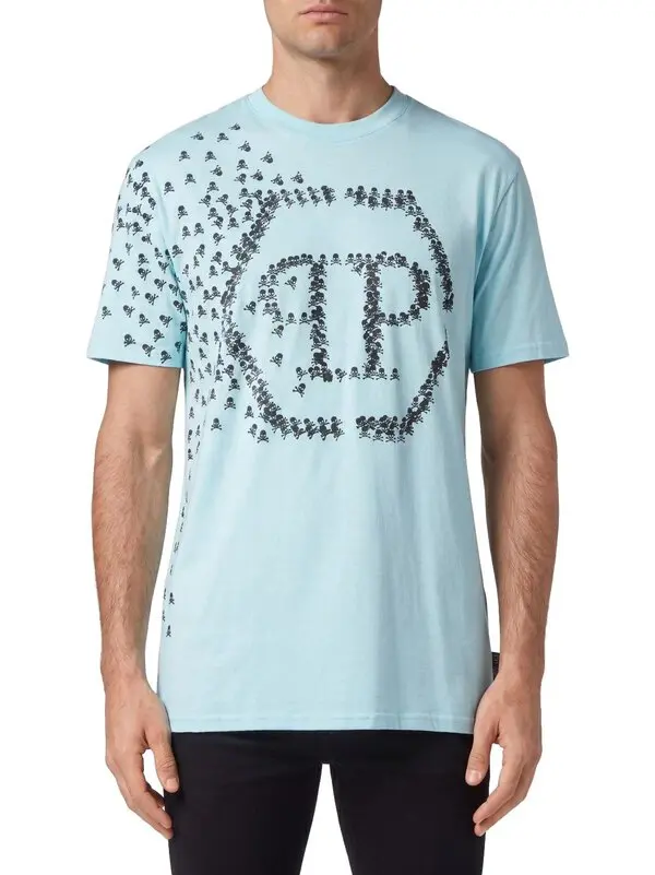Philipp Plein Cotton T-shirt With Contrasting Hexagon Logo Print On The Chest - Turquoise