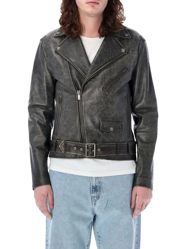 GOLDEN GOOSE Distressed Leather Biker Jacket - Black
