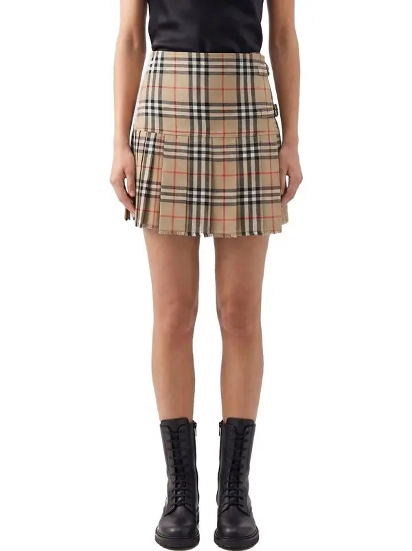 Burberry Pleated Check Skirt - Beige
