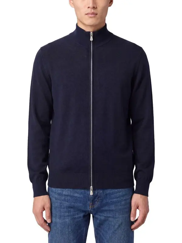Brunello Cucinelli Cashmere And Silk Turtleneck Cardigan With Zip Closure - Navy
