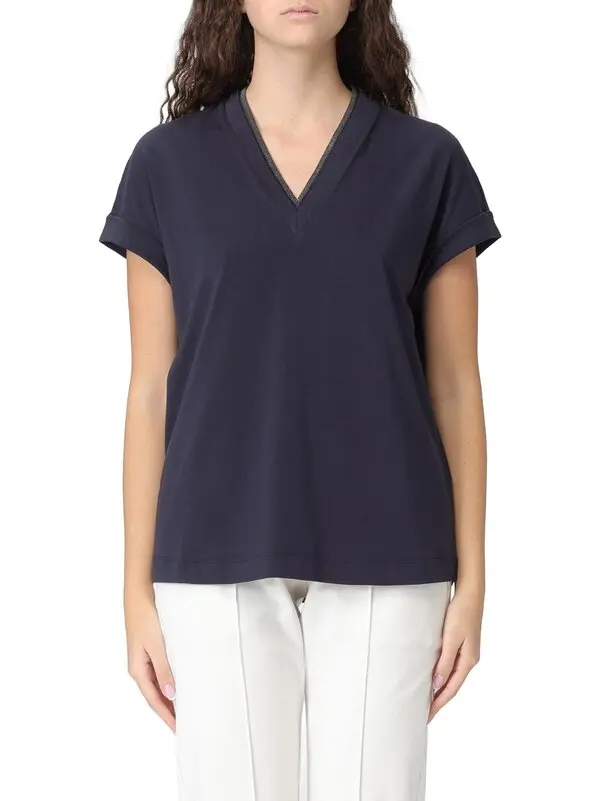Brunello Cucinelli Cotton T-shirt With Monili - Blue