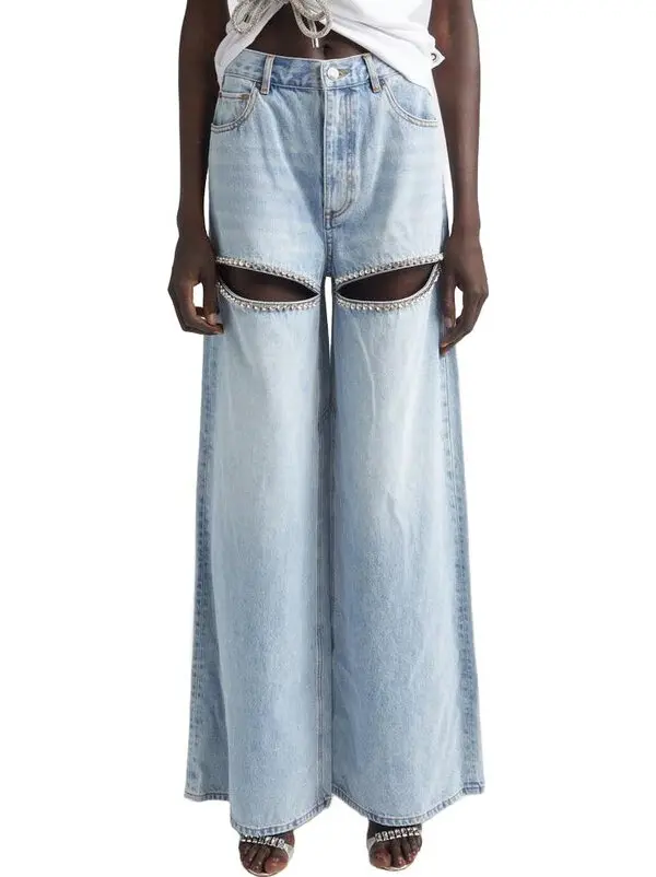 AREA Crystal Slit Wide Leg Jeans - Light Blue