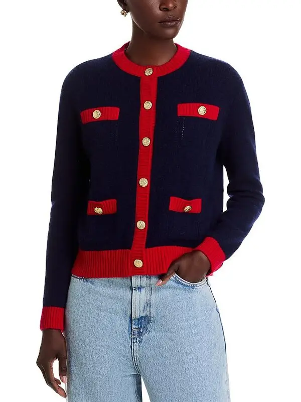 Bloomingdale'S C Exclusive Cashmere Cardigan With Contrast Trim - Navy/scarlet