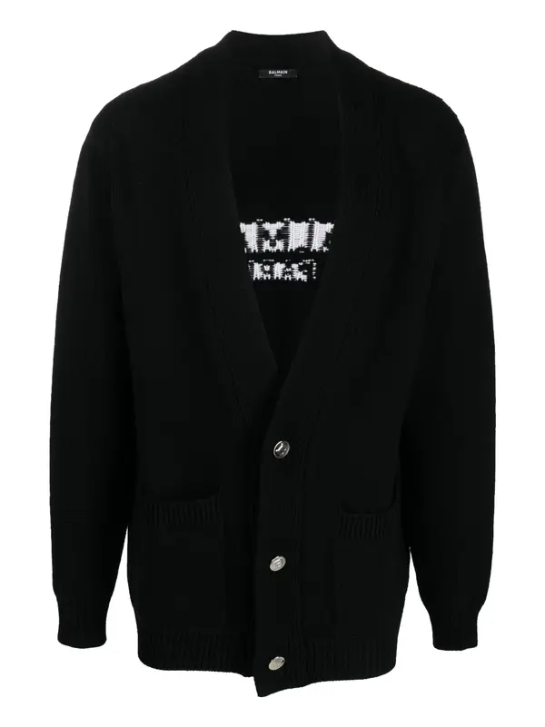 Balmain Logo Intarsia Knit Cardigan - Black