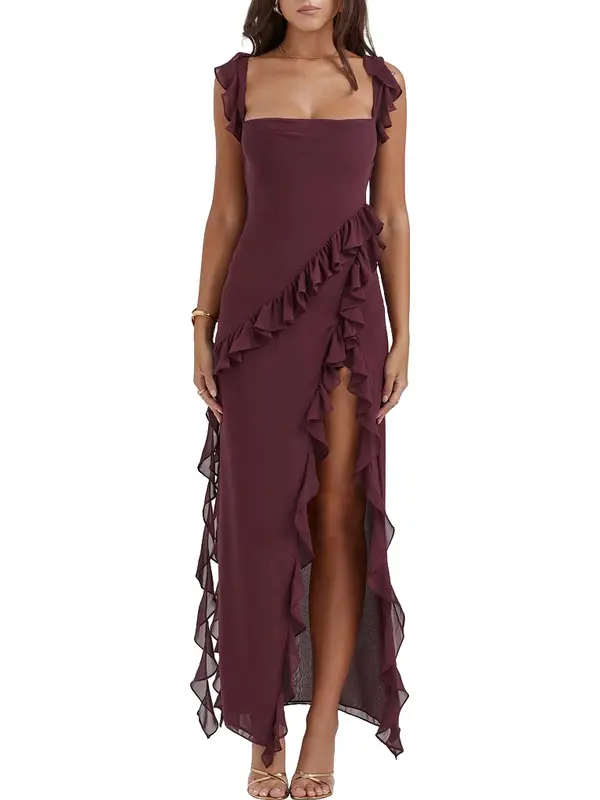 House Of Cb Ariela Ruffle Slit Gown - Mulberry