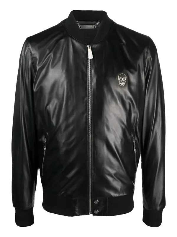 Philipp Plein Skull Leather Bomber Jacket - Black