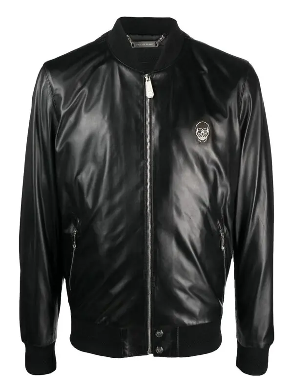 Philipp Plein Skull Leather Bomber Jacket - Black