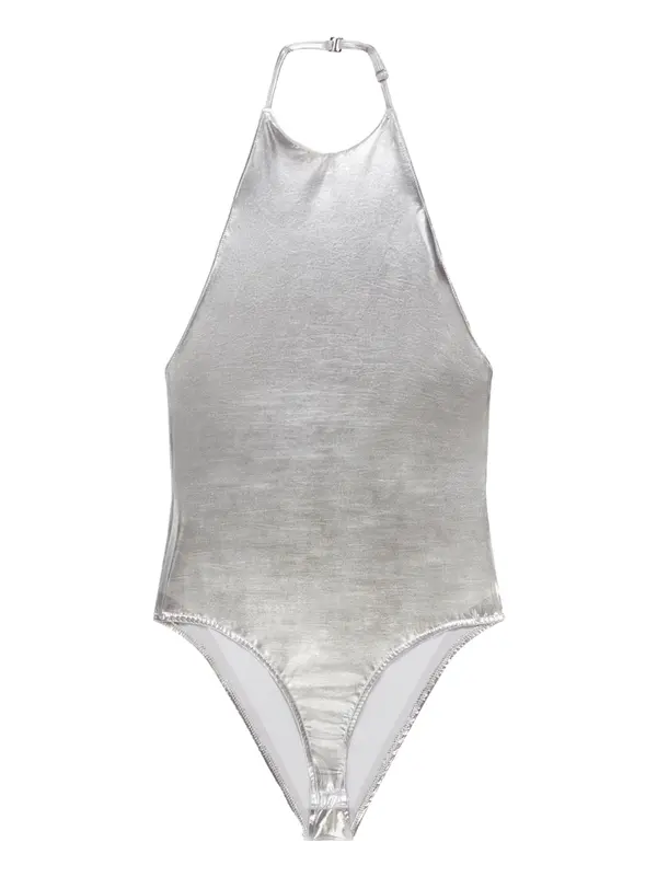 COURREGES Logo-embroidered Metallic-effect Bodysuit - Silver