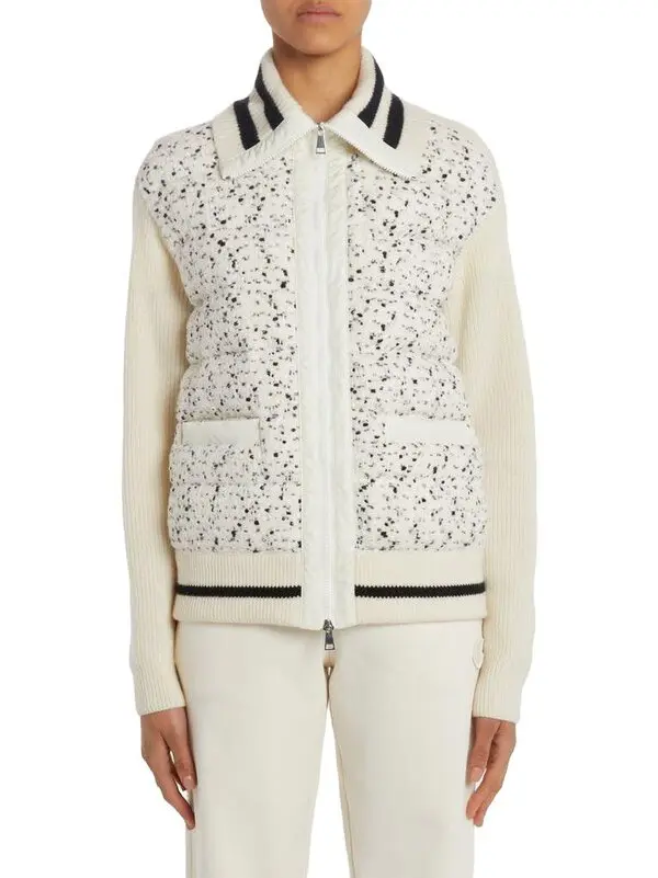 Moncler Quilted Bouclé And Knit Letterman Cardigan - Ivory/white