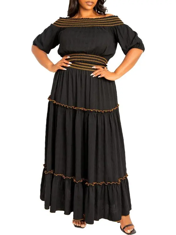 BUXOM COUTURE Smocked Off-the-shoulder Top & Maxi Skirt Set - Black
