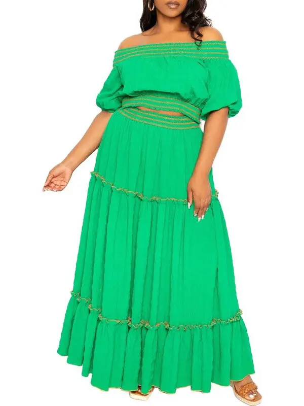 BUXOM COUTURE Smocked Off-the-shoulder Top & Maxi Skirt Set - Green