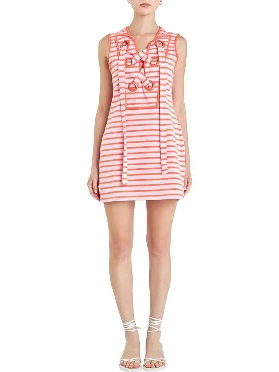 English Factory Stripe Lace-up Shift Dress - Pink/ Orange