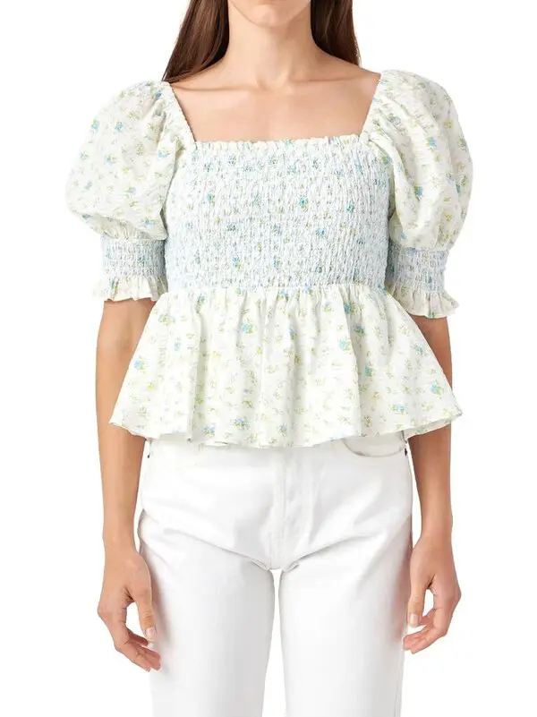English Factory Floral Print Peplum Blouse - Blue Multi