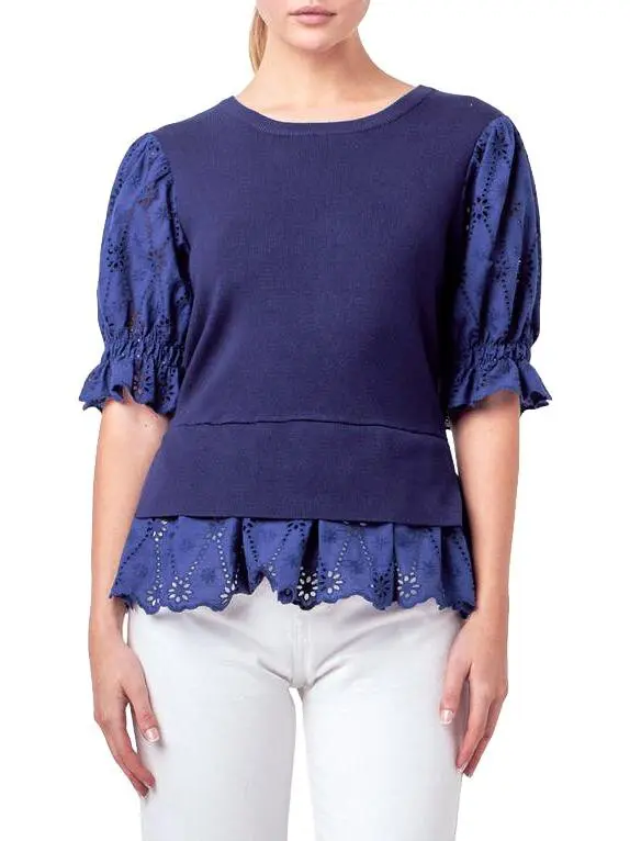 English Factory Mixed Media Eyelet Puff Sleeve Peplum Top - Navy