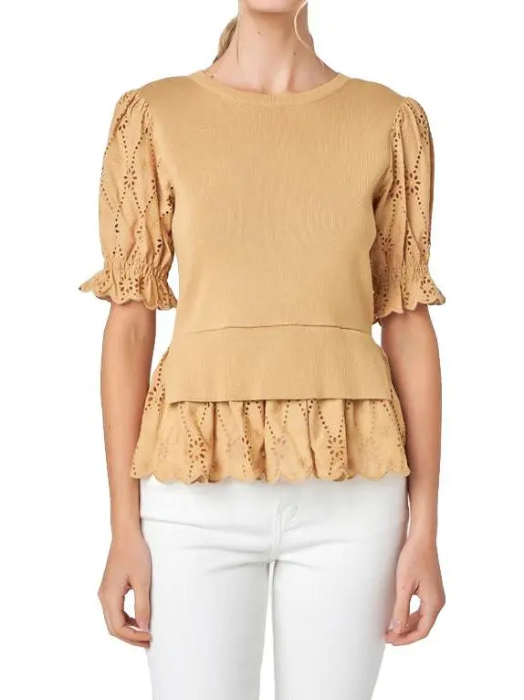 English Factory Mixed Media Eyelet Puff Sleeve Peplum Top - Tan