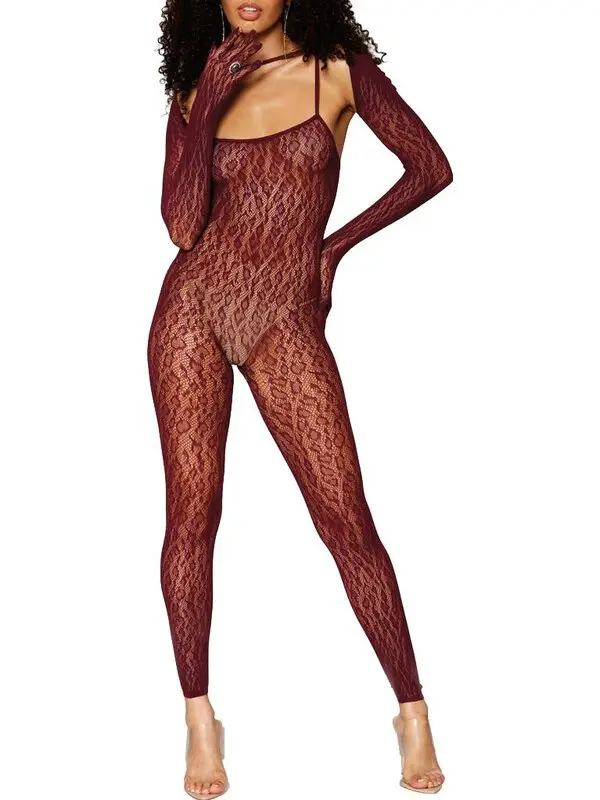 DREAMGIRL Sheer Jacquard Catsuit And Shrug Set - Burgundy