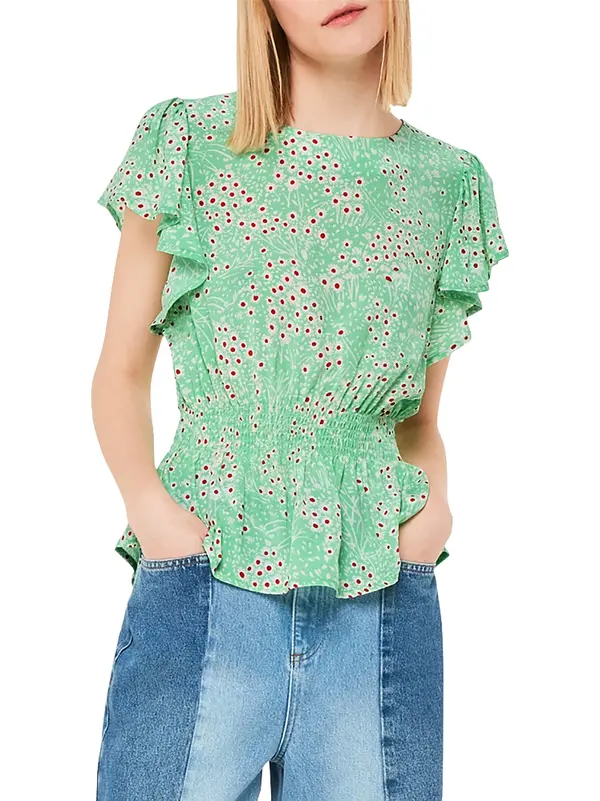 Whistles Daisy Meadow Frill Sleeve Top - Green/multi