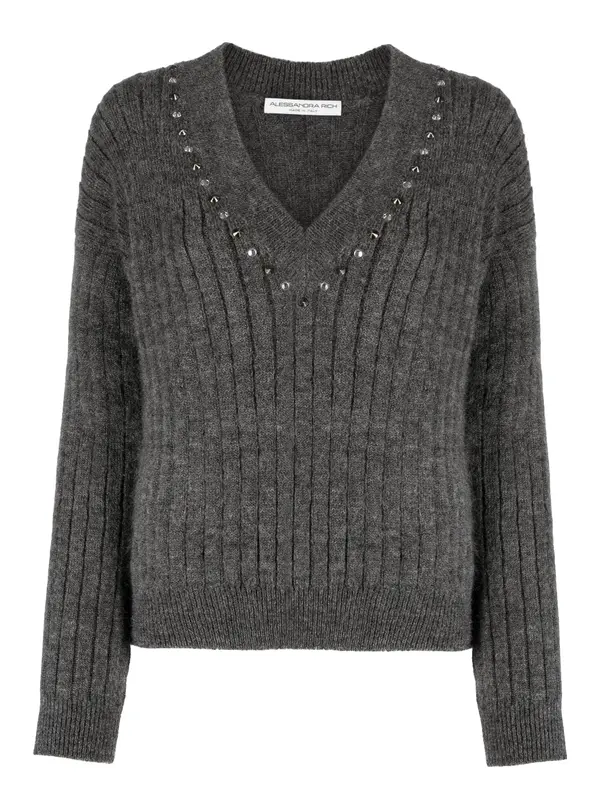 Alessandra Rich Stud-embellished Ribbed-knit Jumper - Grey