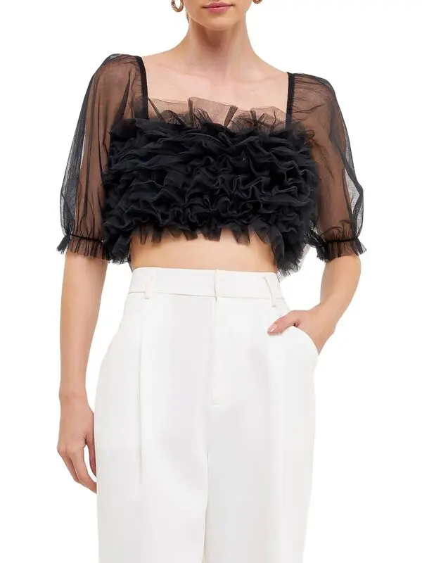 Endless Rose Ruffle Tulle Crop Top - Black