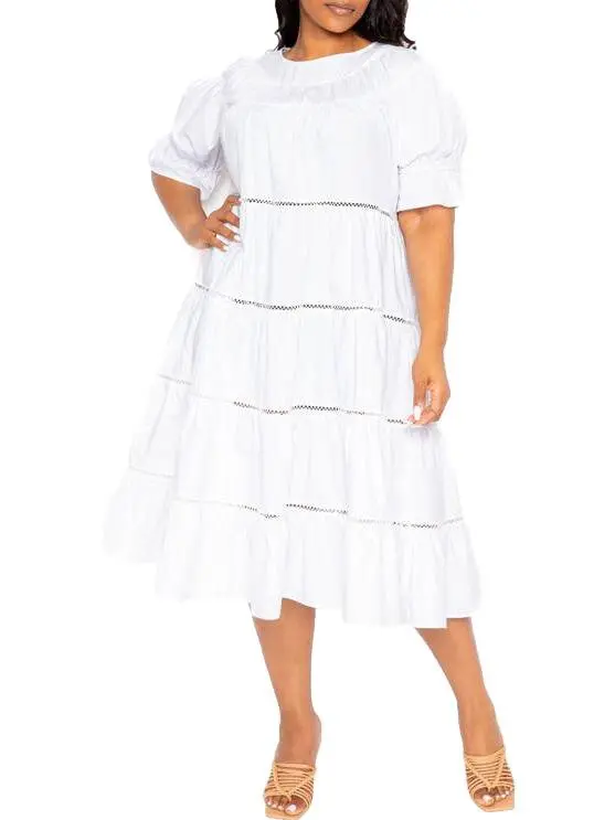 BUXOM COUTURE Tiered Cotton Blend Poplin Dress - White