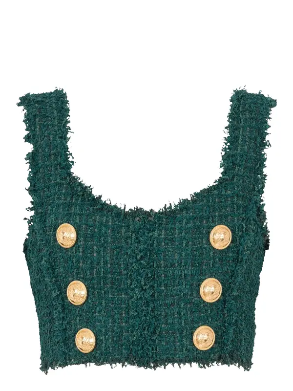 Balmain 6-buttons Tweed Cropped Top - Green